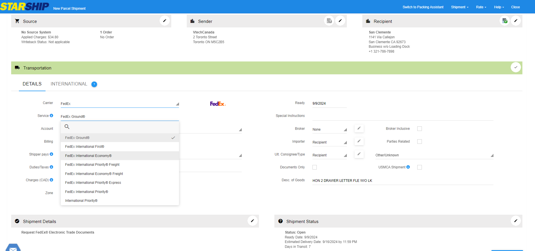 FedEx Canada Origin Shipment – Aptean Ship